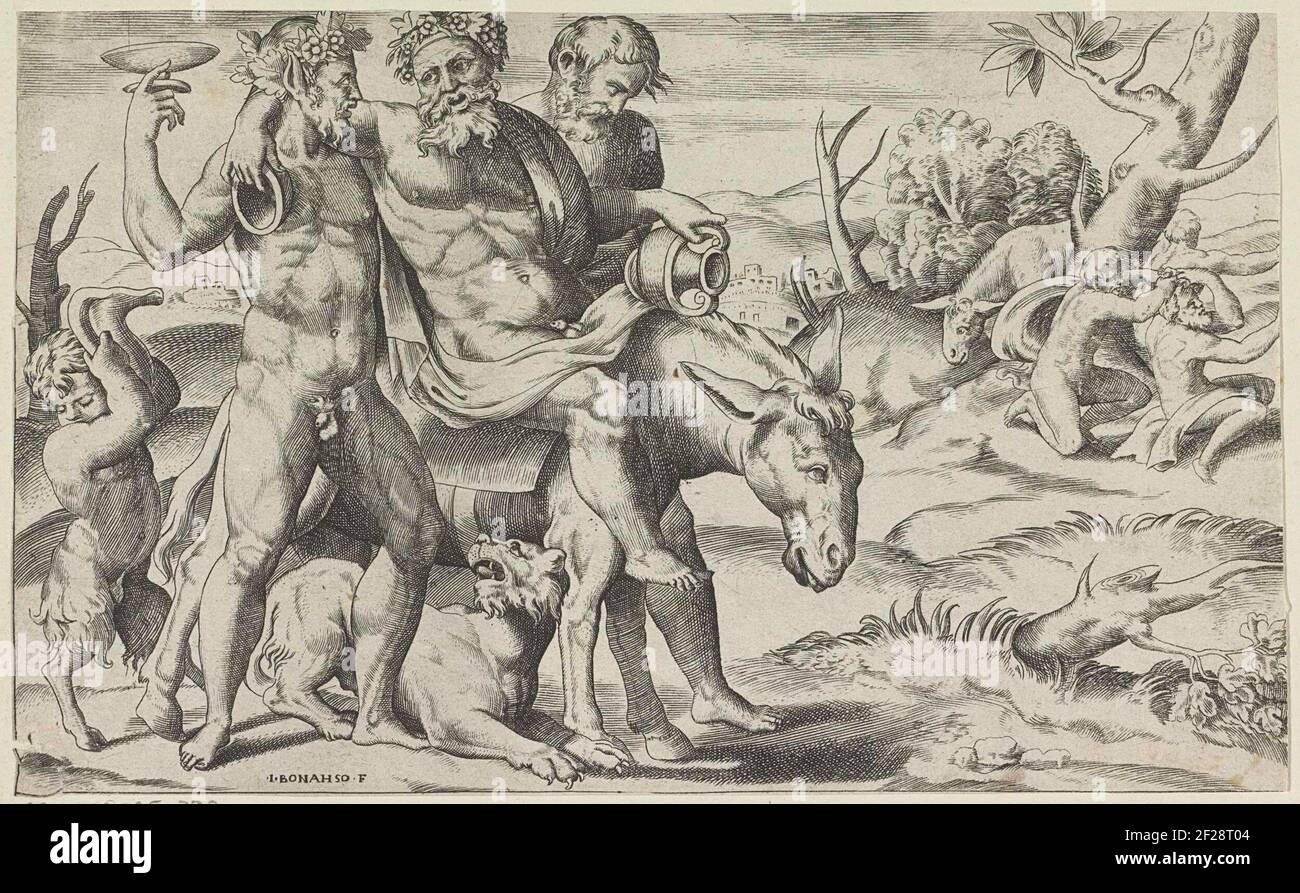 Silenus rijdend op een ezel.Silenus is sitting on a donkey and is ...