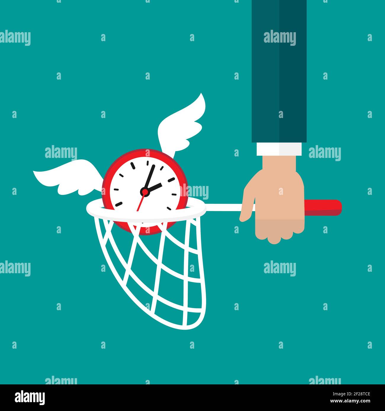 Businessman hand with butterfly net catches flying clock with wings ...