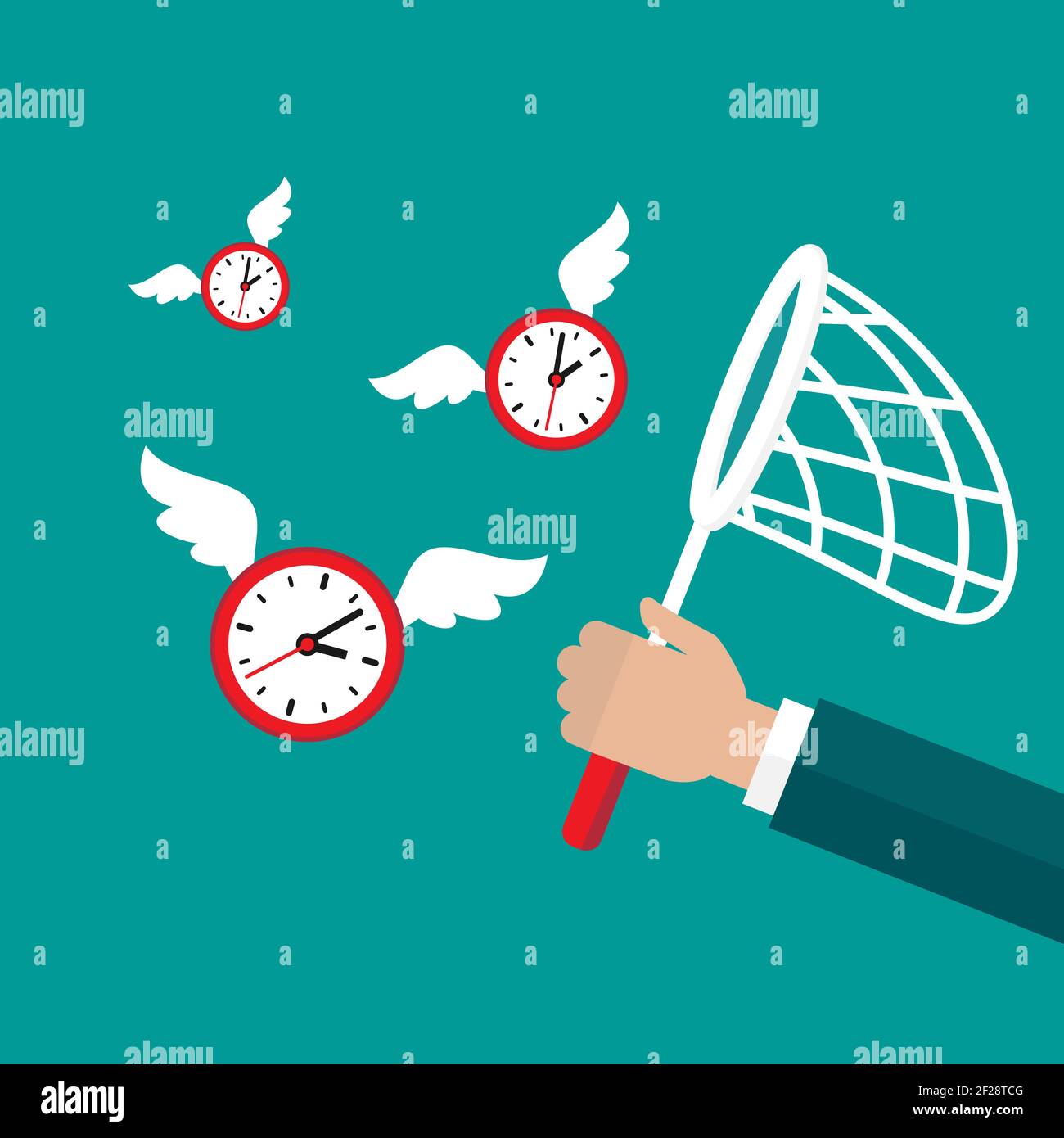 Businessman hand with butterfly net catches flying clock with wings ...