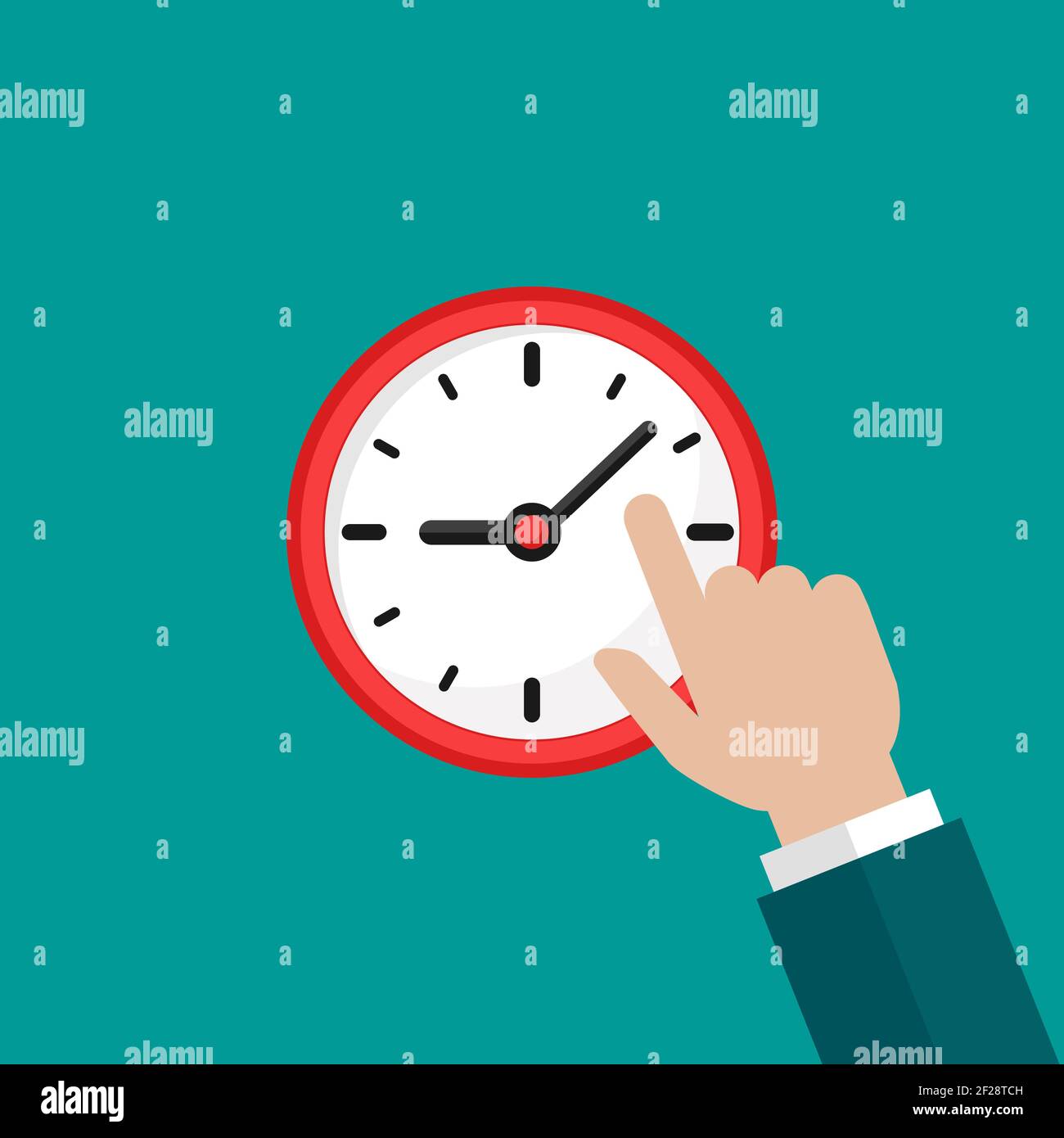 Hand with red clock isolated on blue background. Fast time stop watch ...