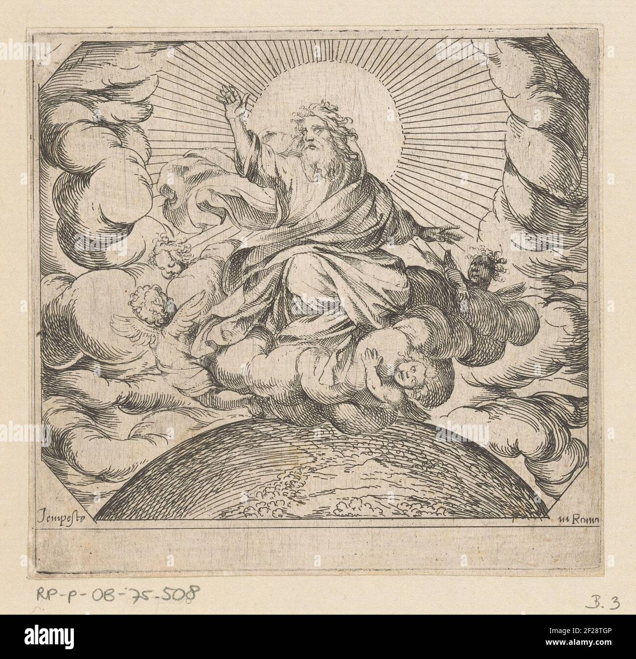 God separates land and water; The creation.god floats on clouds that ...