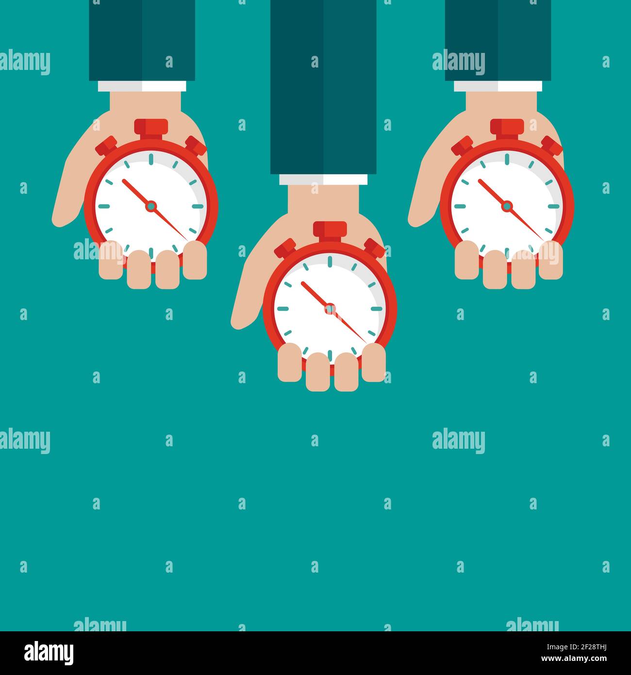 Three hands with red stopwatch isolated on turquoise background. Fast ...