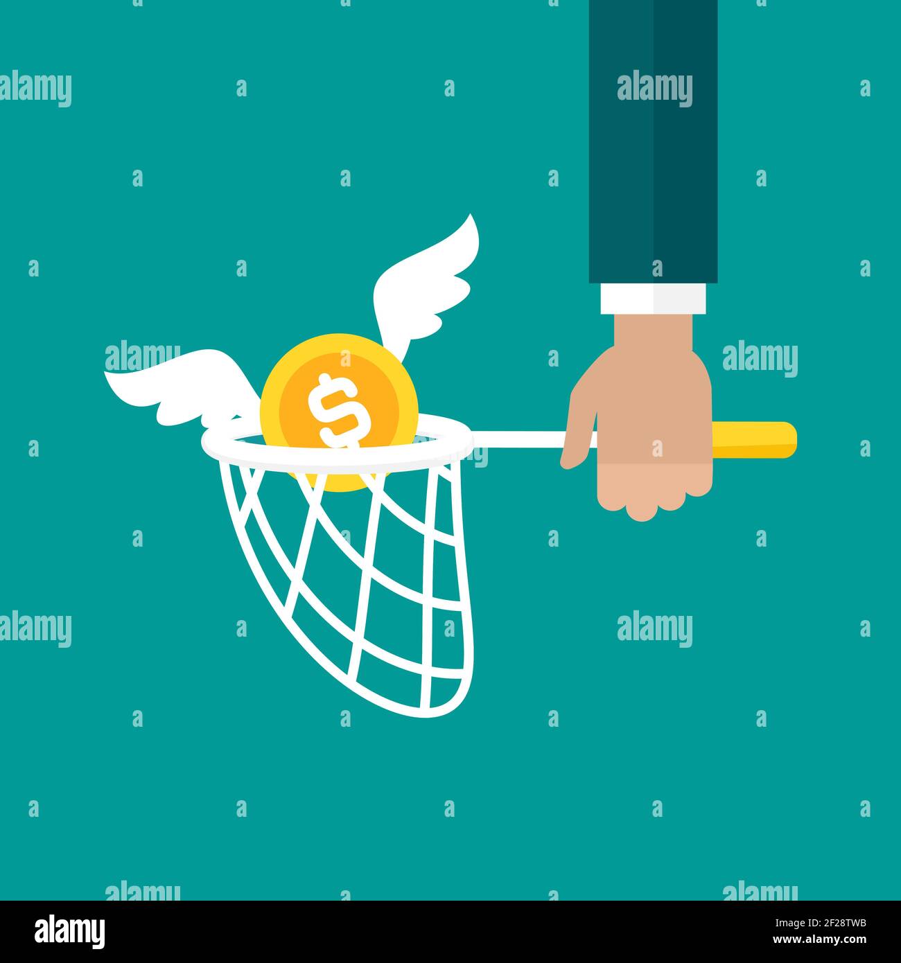 Butterfly net and golden dollar coin with wings. Catch, hunt, chase ...