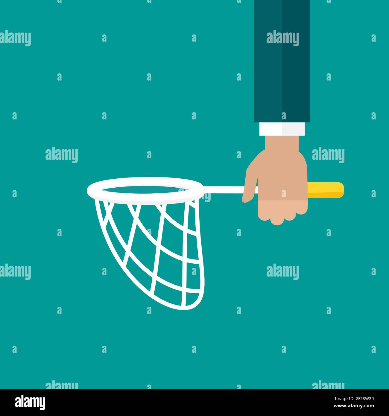 Businessman hand holds butterfly net. Catch, hunt, chase symbol ...