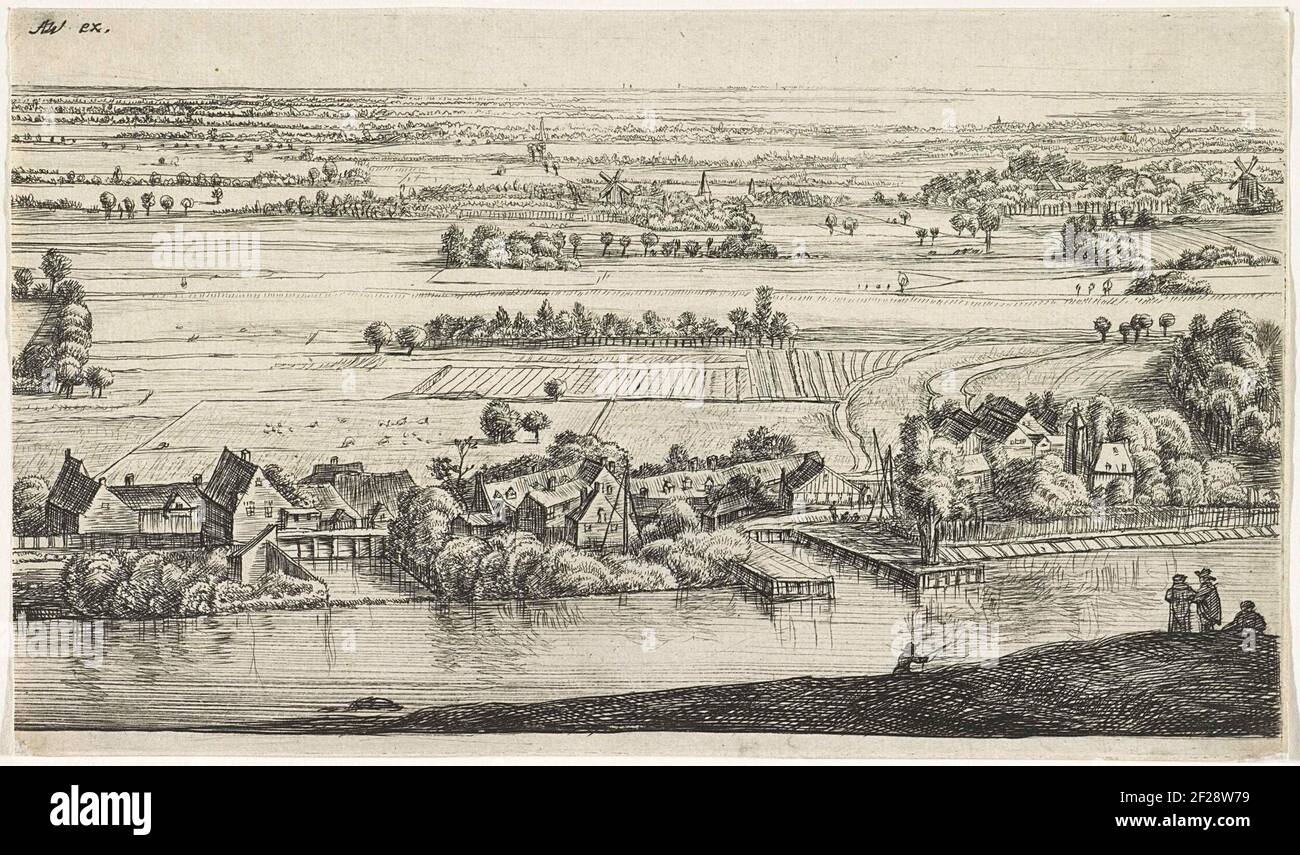 Dorp aan een rivier; Diverse landschappen.View of a landscape with ...