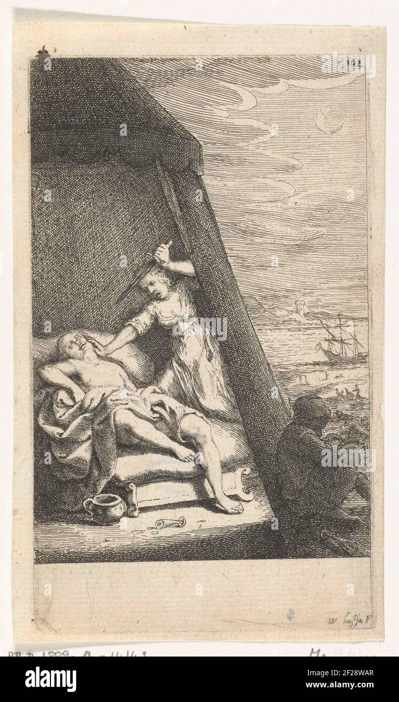 Jaël doodt Sisera.Jael Sisera is leaking in a tent. A guard is sleeping ...