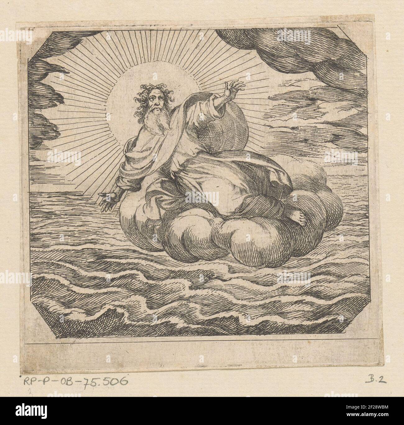 God creates heaven and earth; The creation. God the Father floating on ...