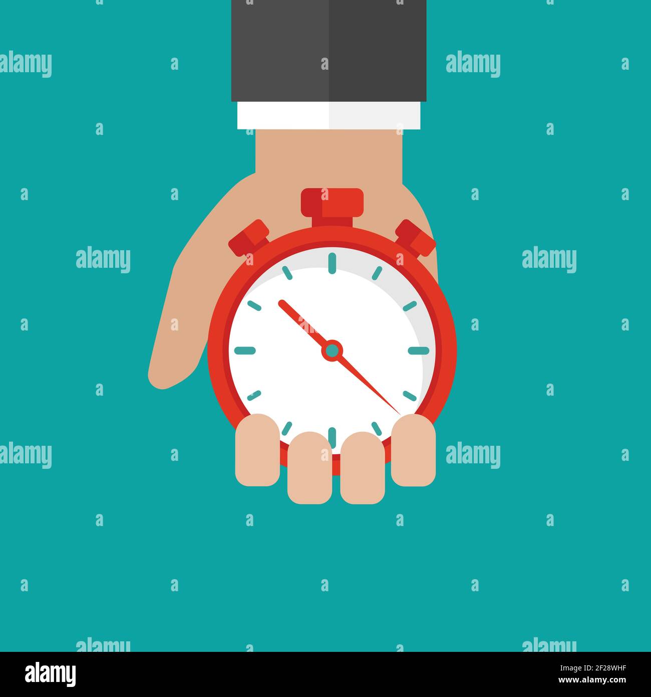Hand with red stopwatch isolated on turquoise background. Fast time ...
