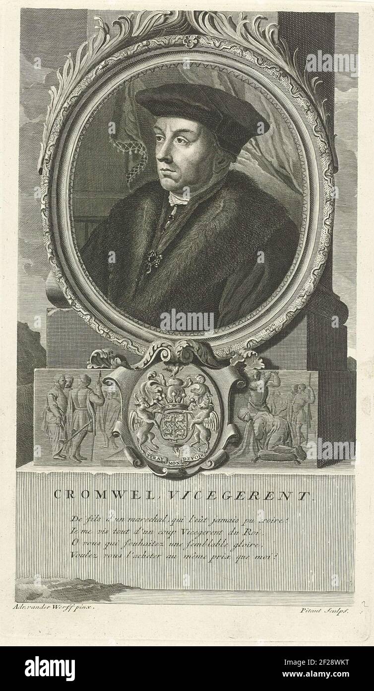 Portrait of the English statesman Oliver Cromwell. There are coat of ...