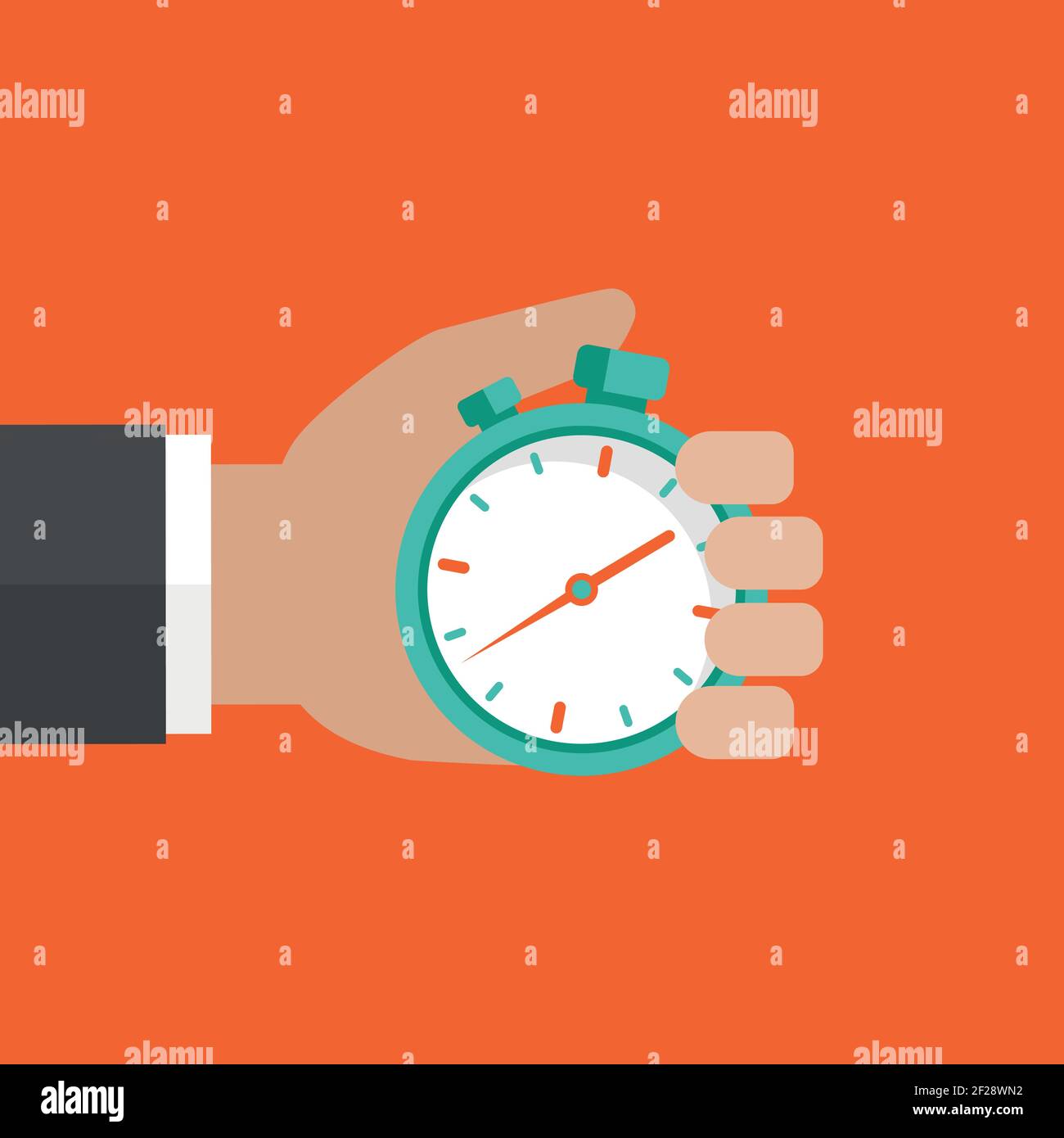 Hand with blue stopwatch isolated on orange background. Fast time stop ...