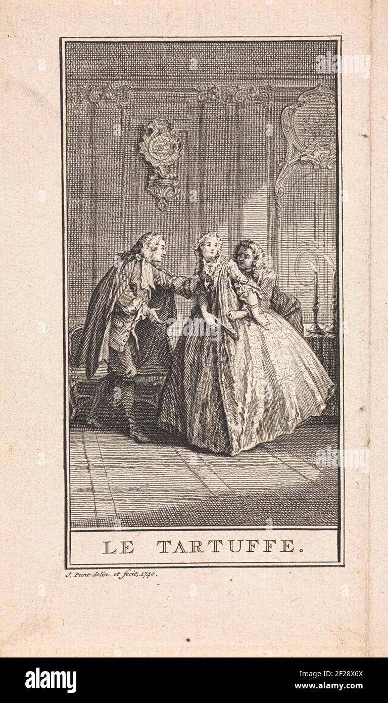 Jonge vrouw in vertrek; Le Tartuffe.A lady helps a young woman with her ...