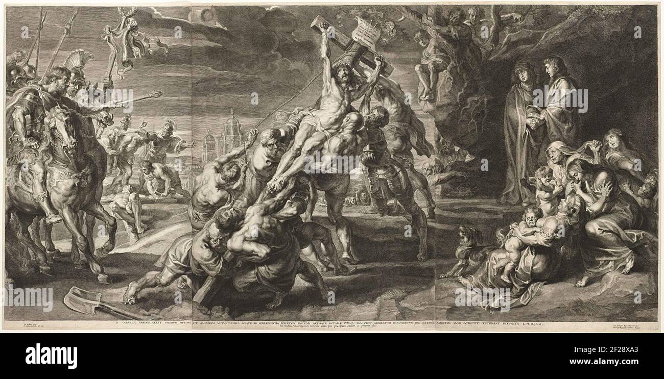 Kruisoprichting.Christ is nailed to the cross. At the top hangs a paper ...