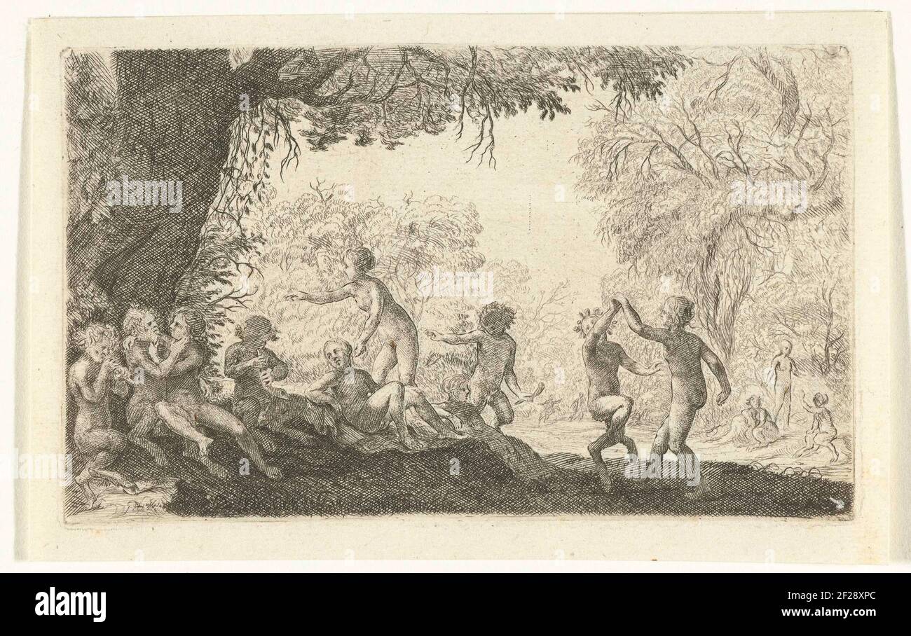 Festive saters and forest nymphs at an open space in the forest ...