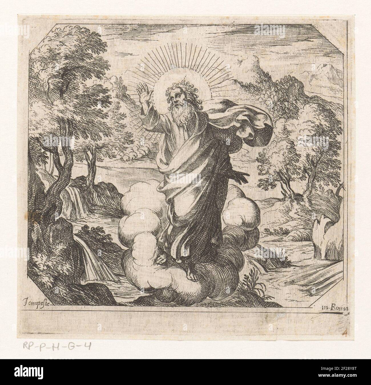 God creates plants and trees; The creation.god Floating on a cloud in a ...