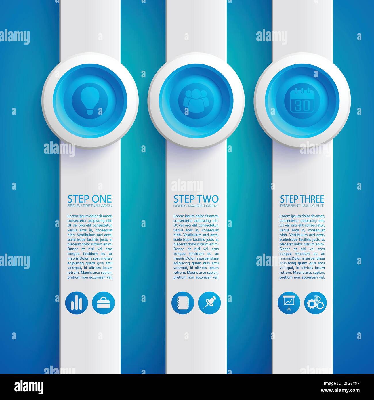 Web infographic template with text icons on blue round buttons and gray vertical banners vector ...