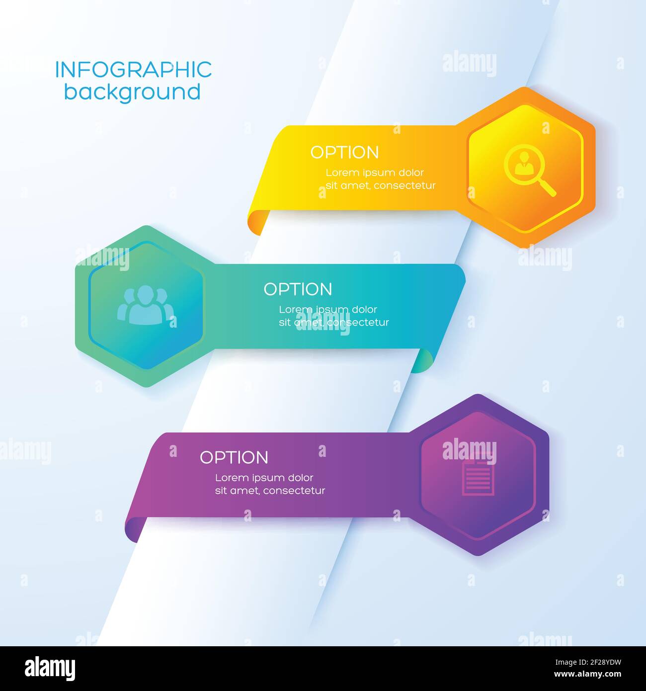 Business options infographics with icons three bright colorful ribbons ...