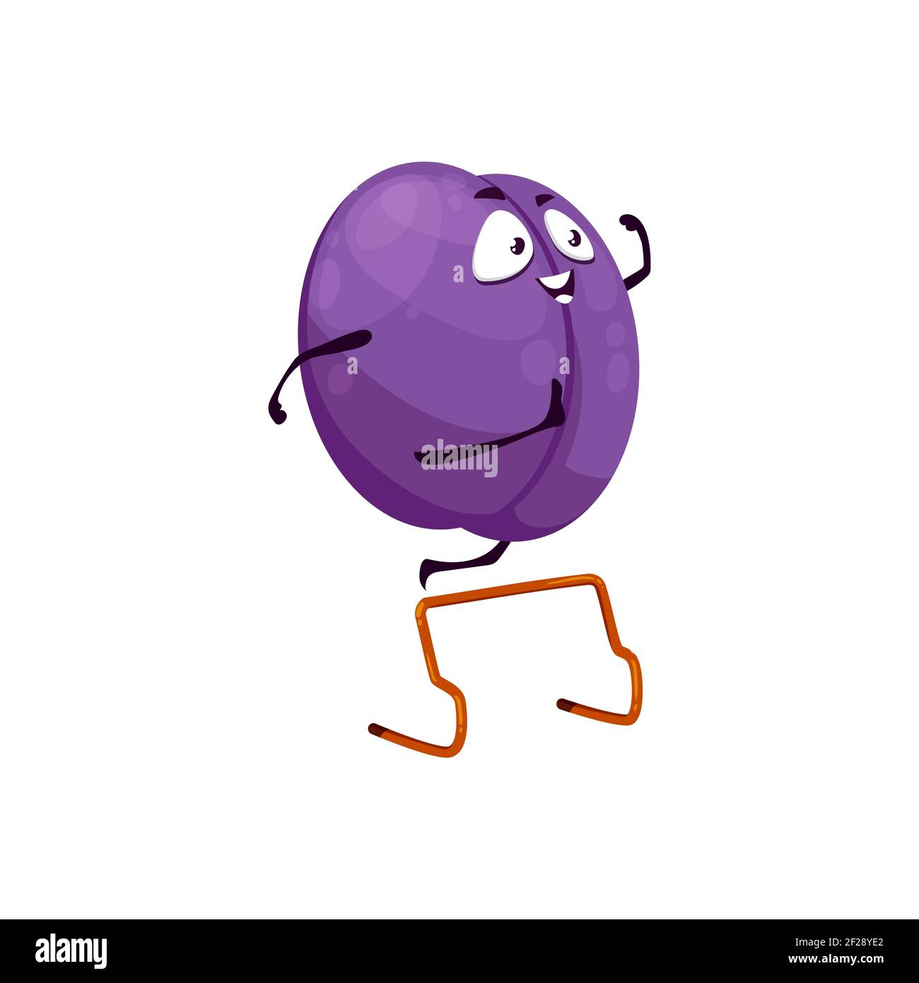 Cartoon plum fruit sportsman vector icon, funny damson character run ...