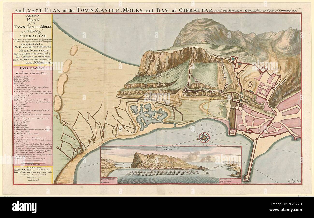 Kaart van Gibraltar, 1705; An Exact Plan of the Town, Castle, Moles and ...