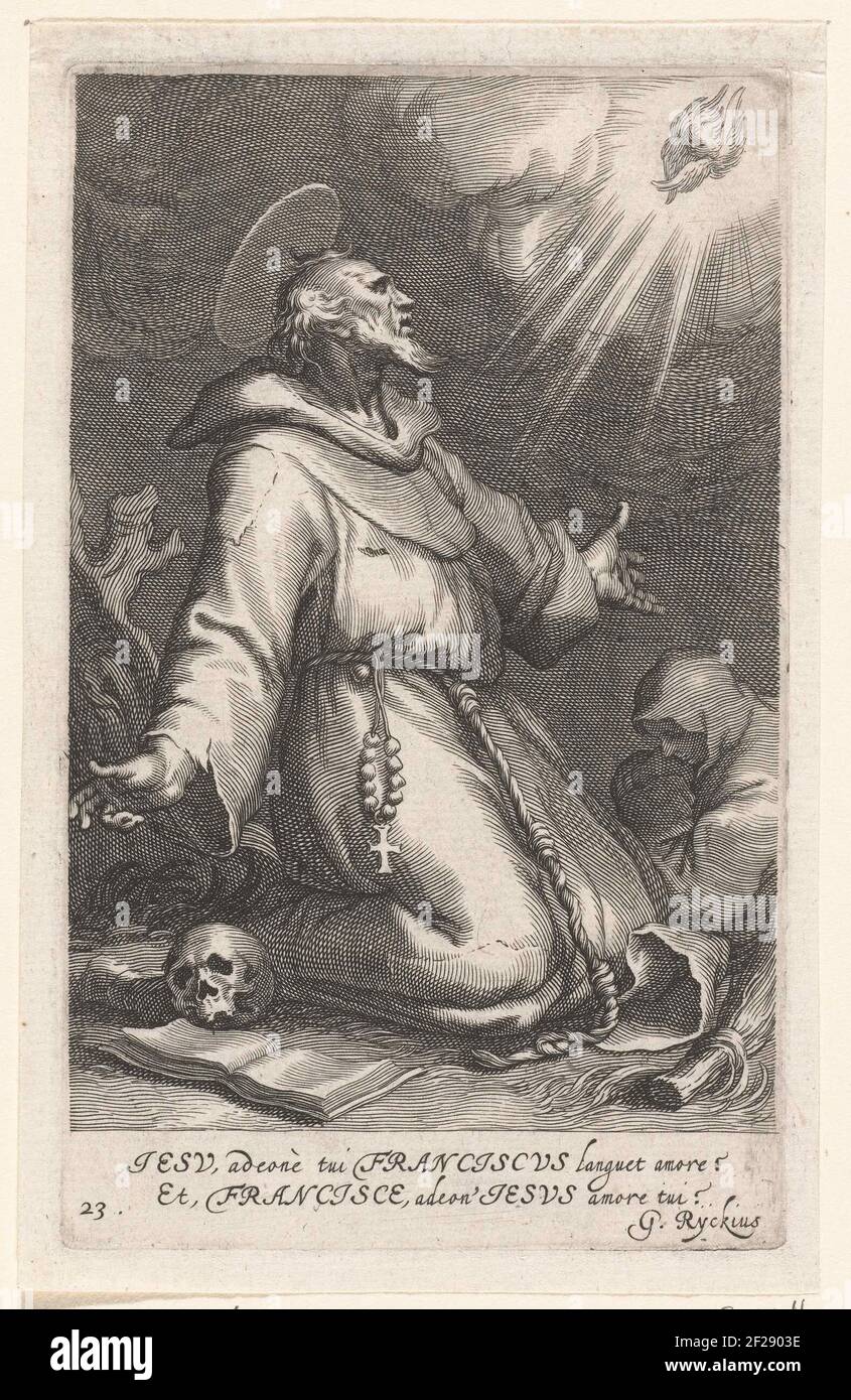 Saint Francis of Assisi as a hermit; Jesu Adeone Tui (...) Jesus Amore ...
