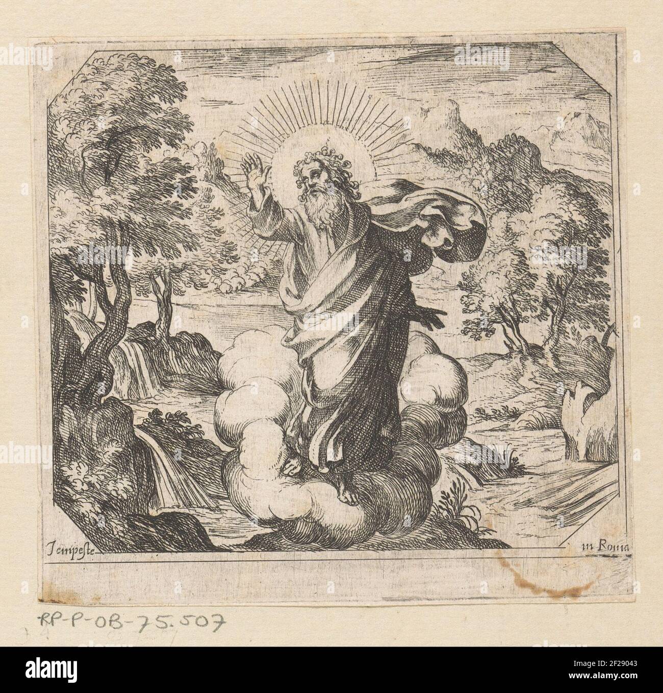 God creates plants and trees; The creation.god Floating on a cloud in a ...