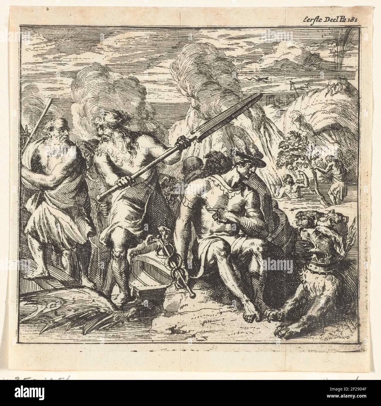 Illustration for 'All the works' of Lucianus.Aeneas stands with raised ...