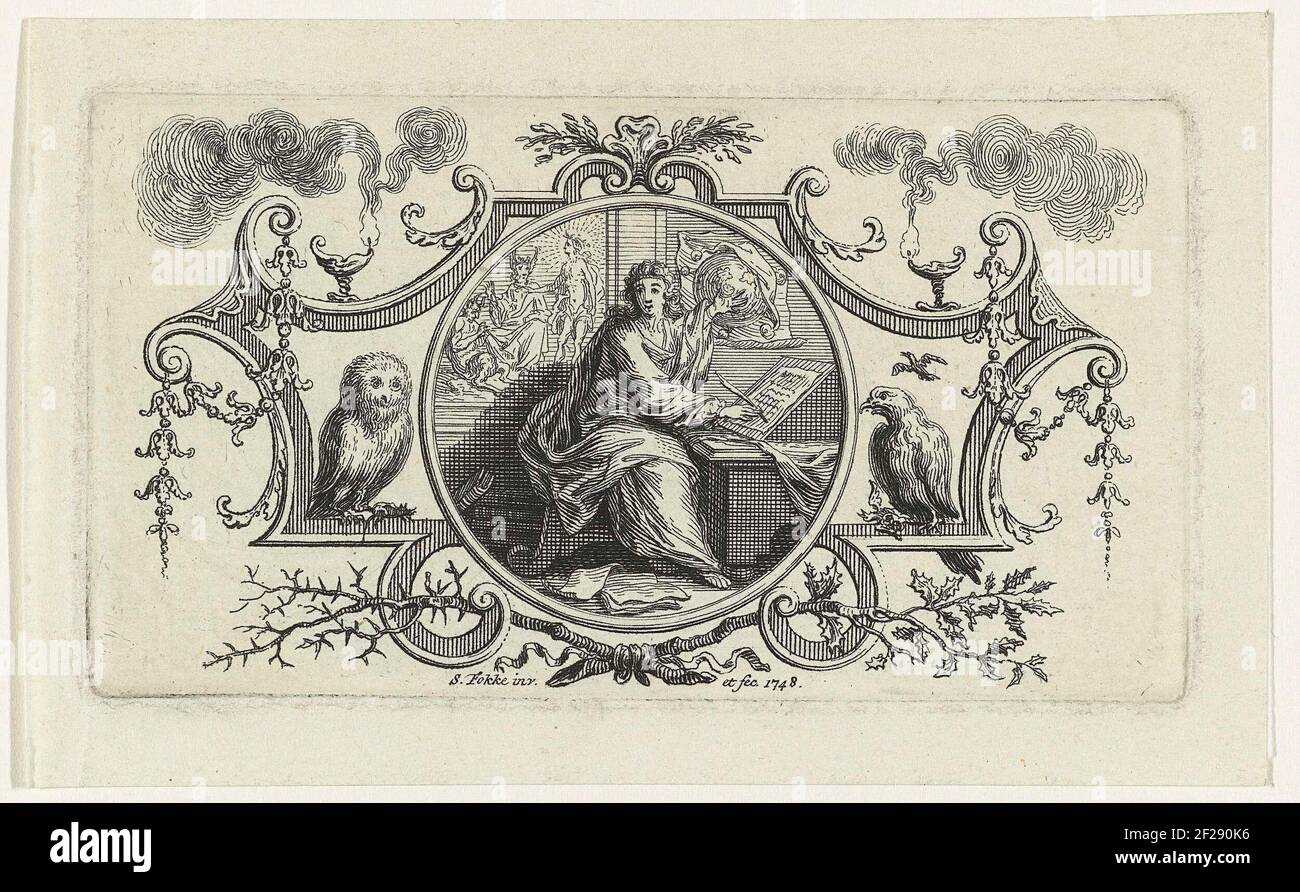 Schrijver in medaillon.Medallion with the depicting of a writing man in ...