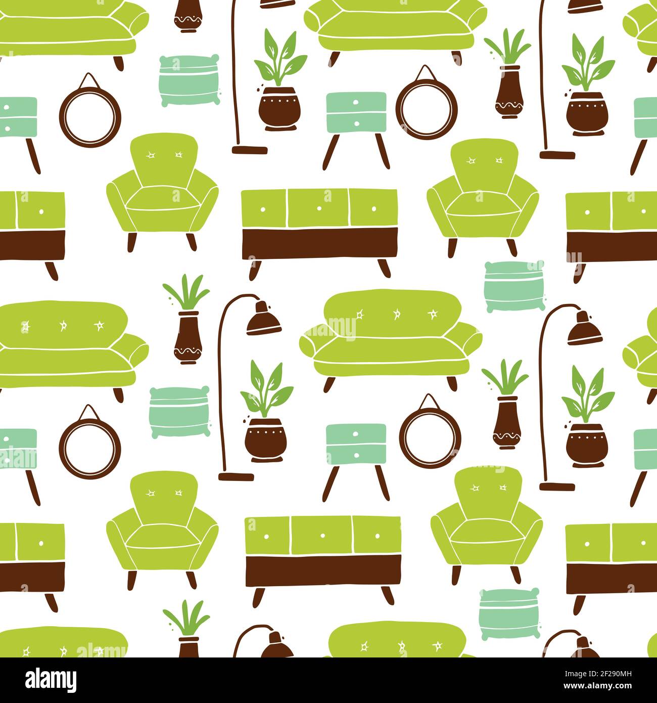 Seamless pattern of living room furniture elements, sofa, chair, shelf ...