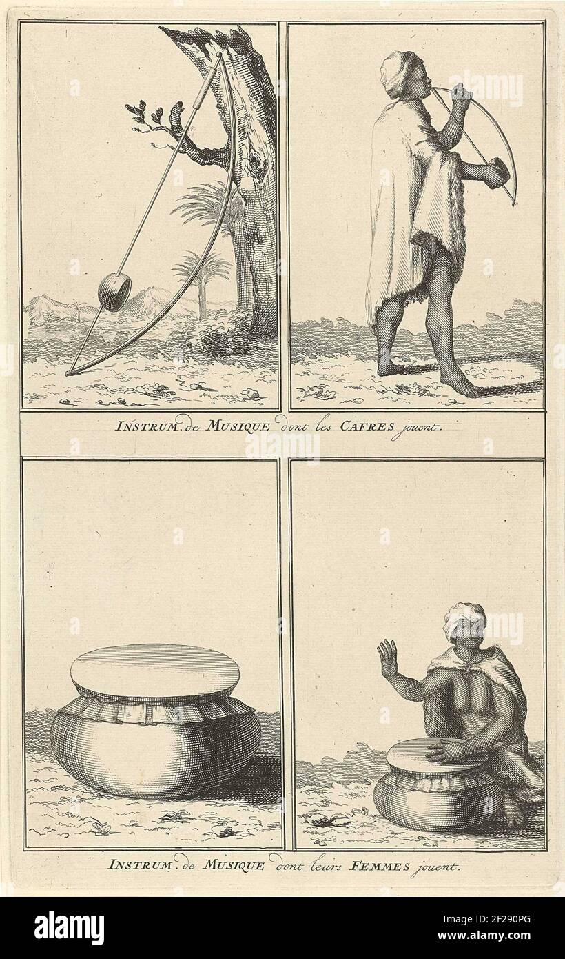 Afrikaanse muziekinstrumenten.Leaf with four representations of African ...