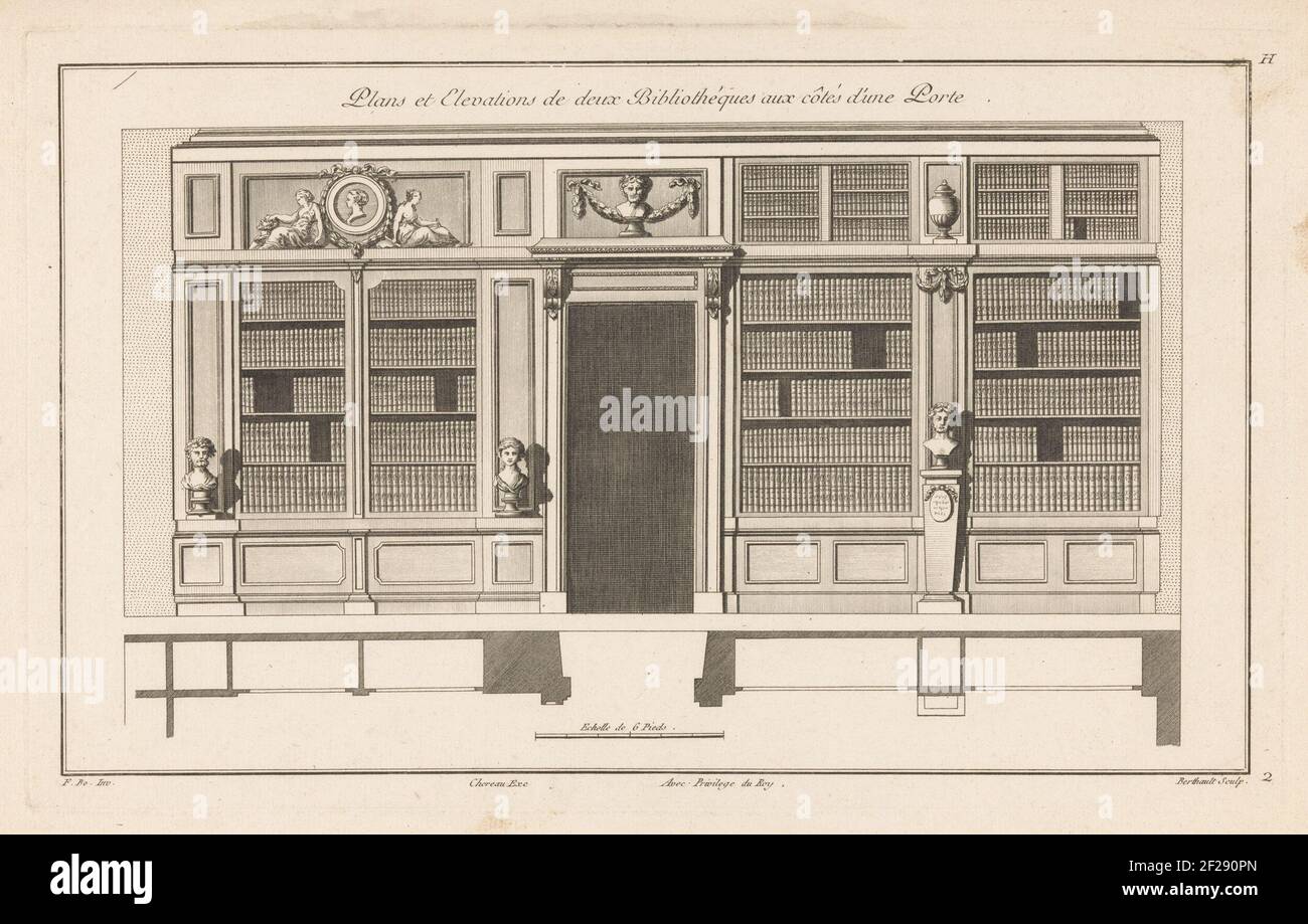 Door and two bookcases; Plans and Elevations de DEUX Bibliothéques aux ...