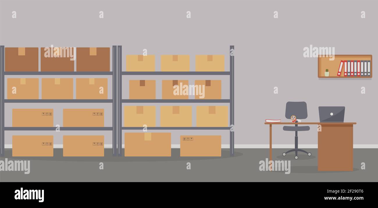 Warehouse: racks with boxes and workplace of warehouse manager ...