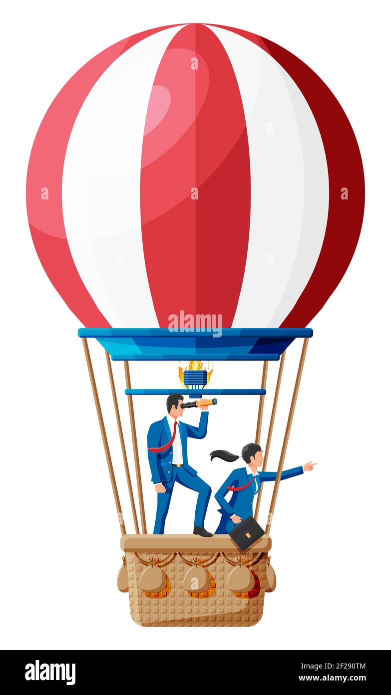 Business people on air balloon. Businessman with spyglass. Team work ...