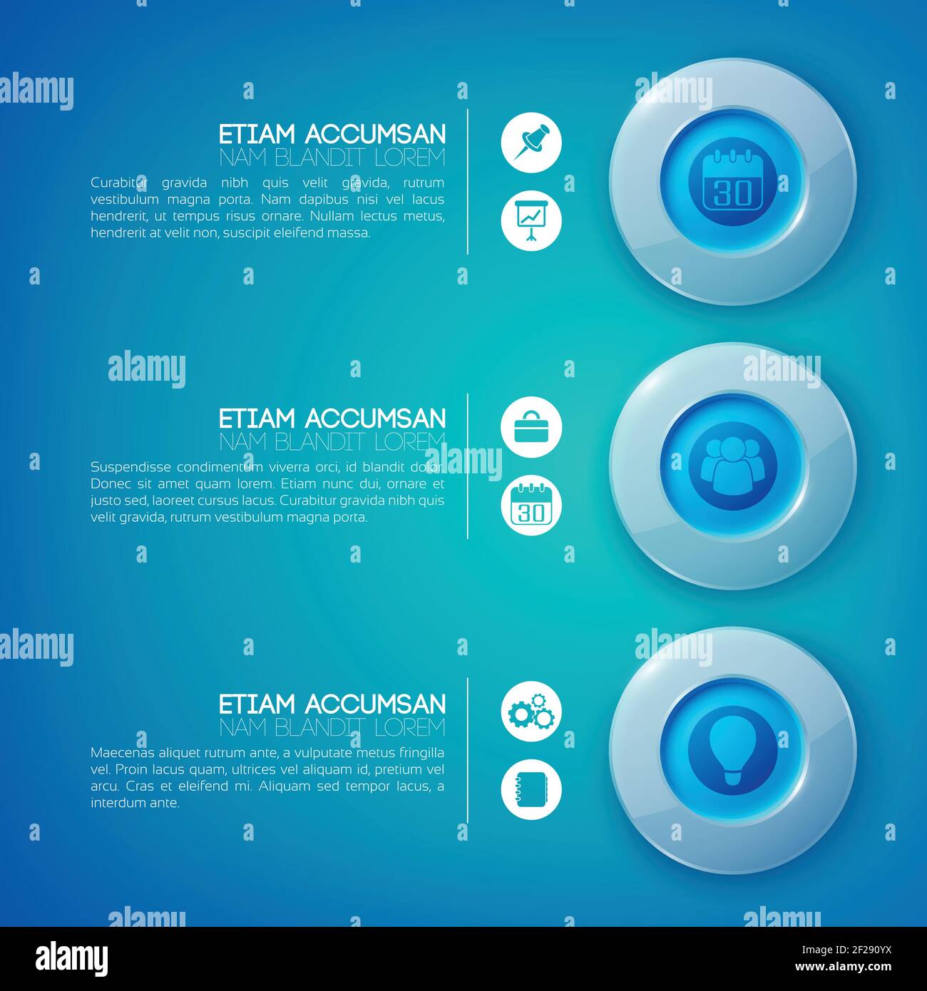 Web interface infographic template with three glossy glass blue round ...