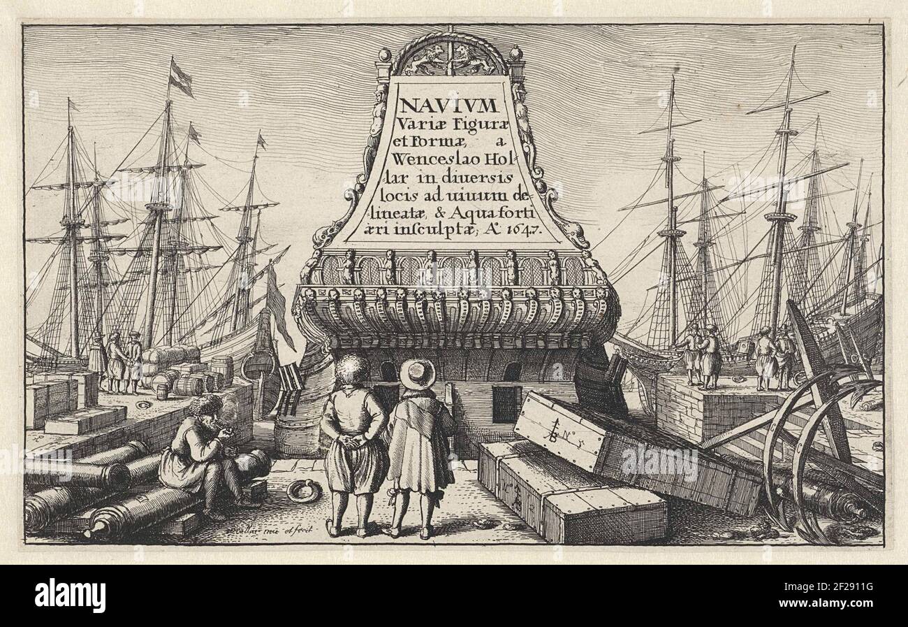 Ships in a harbor with goods on the quay; Different Dutch ship types ...