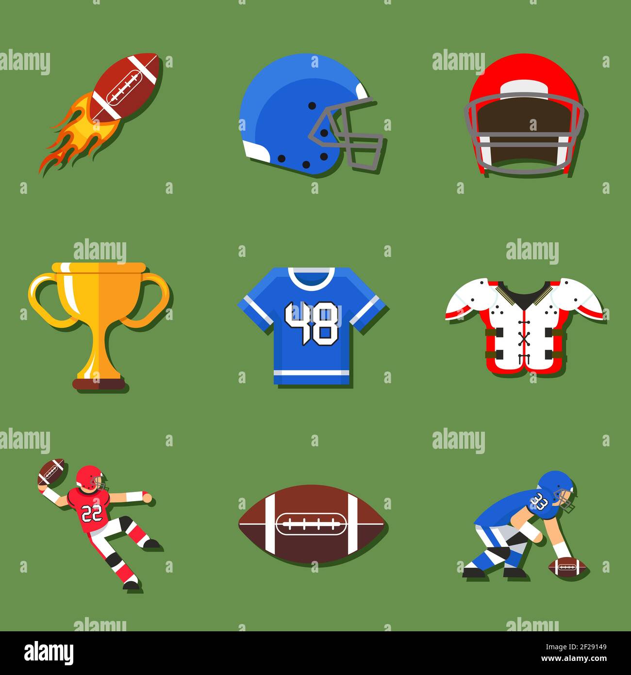American football flat icons set. Helmet and sport, touchdown and ...
