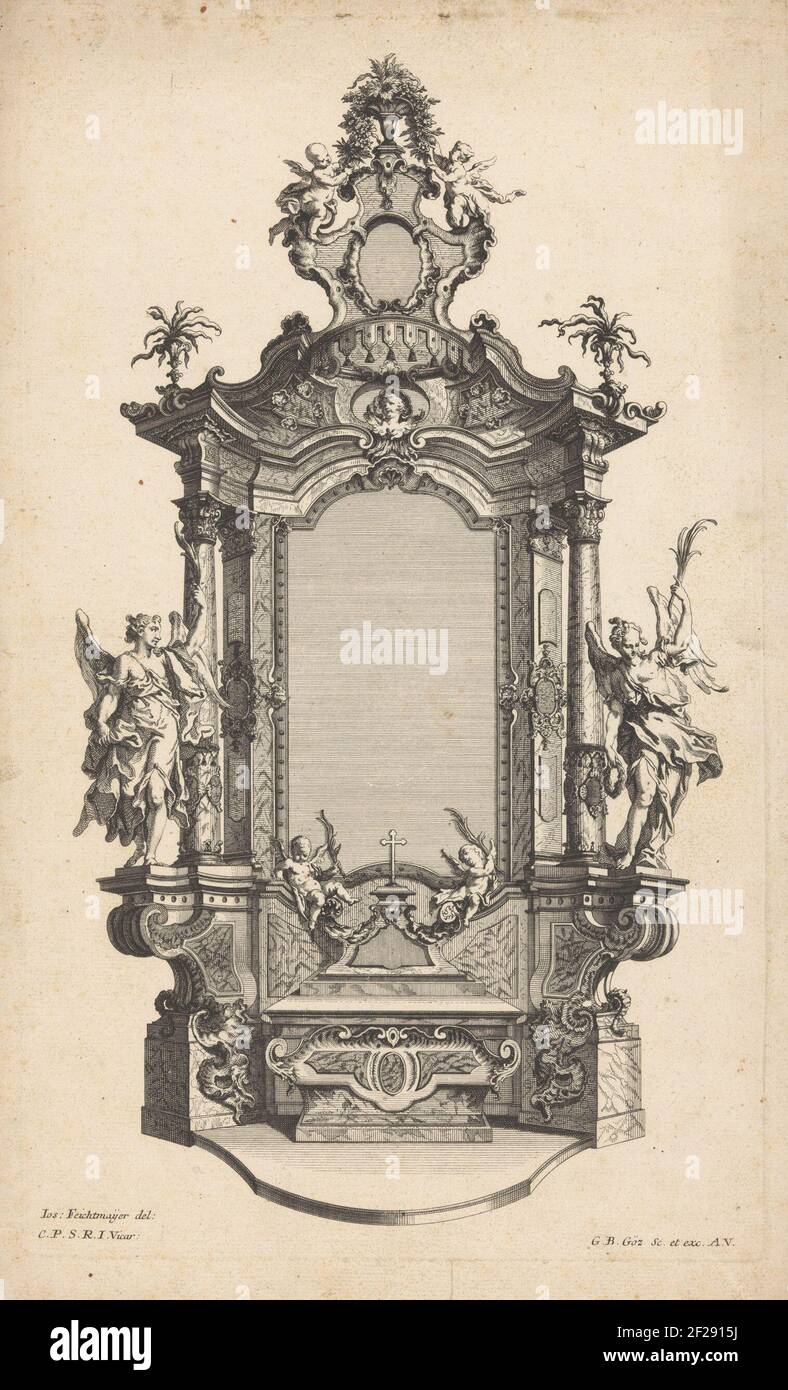 Altar with two angels; Altäre.twee angels with a palm branch in their ...