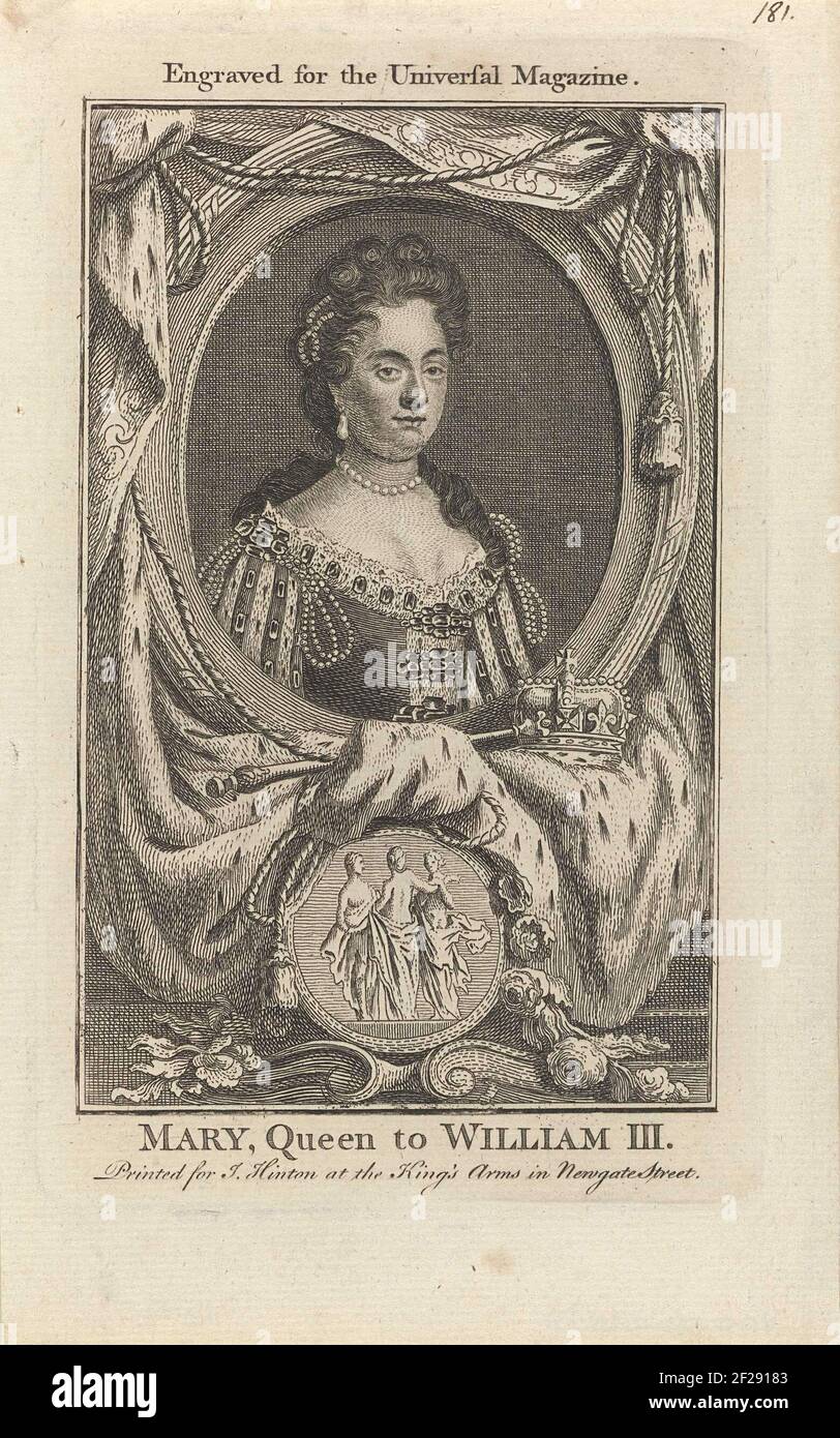 Portret van Maria II Stuart.Portrait of Maria II in an oval. Around a ...
