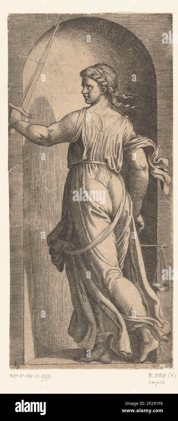 Woman as a personification of justice (justitia) with scales and sword ...