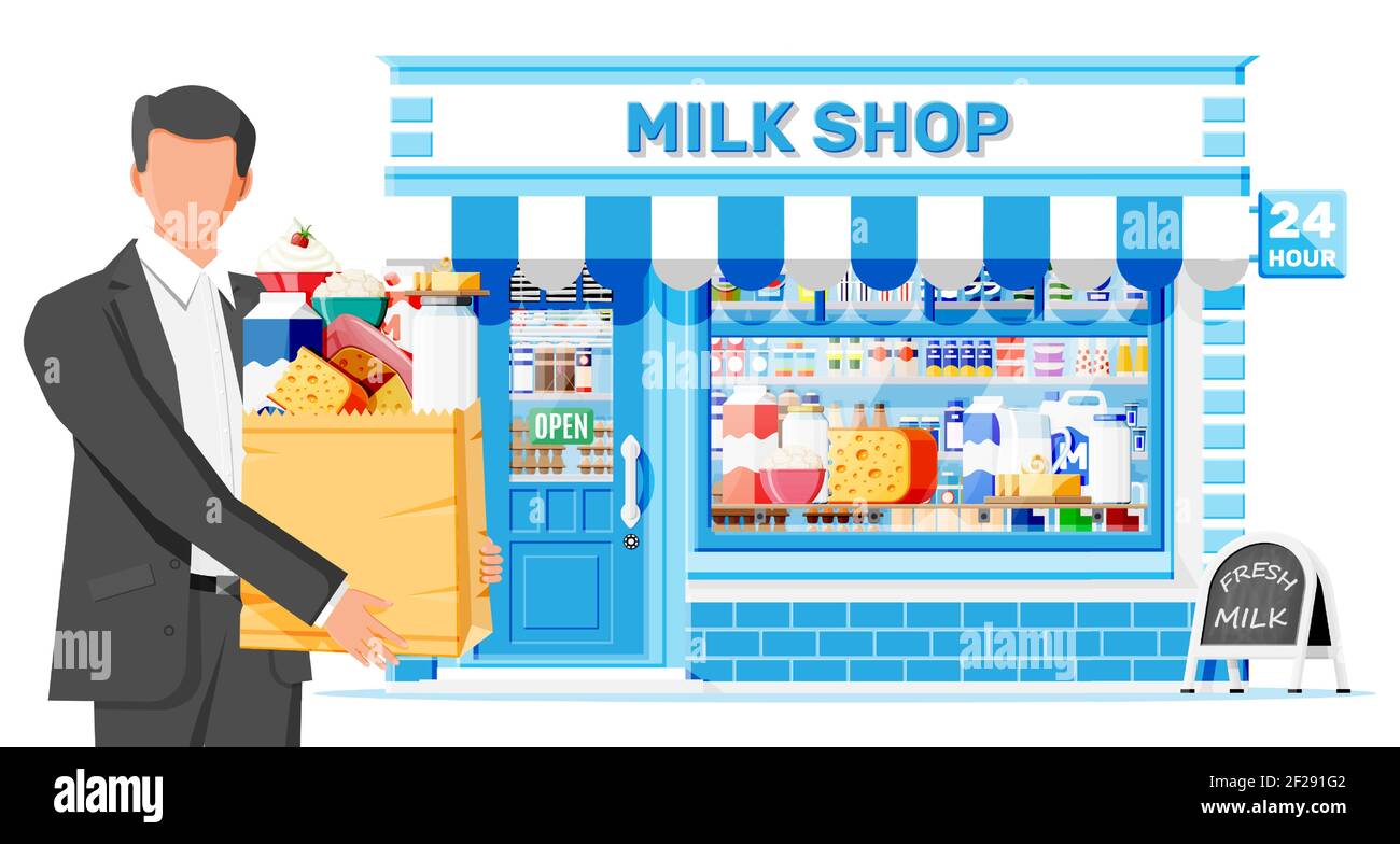 Dairy store or milk shop and man customer. Store facade with storefront ...