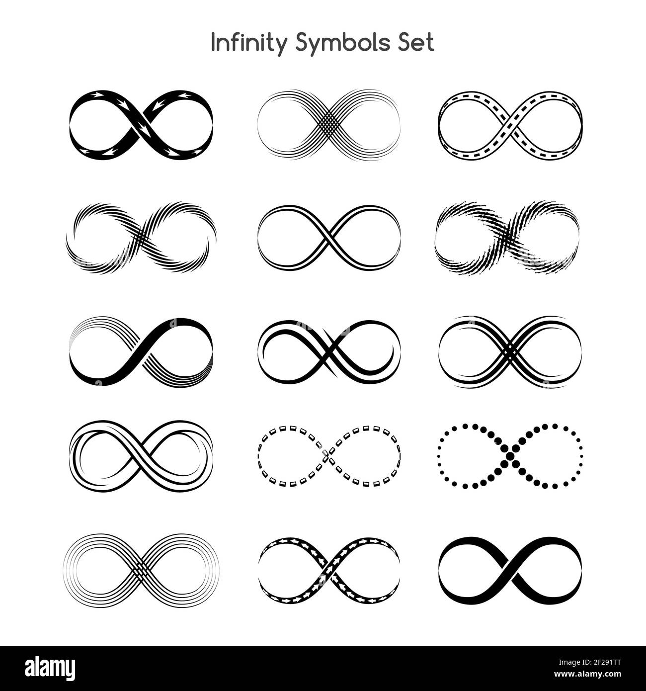 Set of infinity symbols. Eternity and infinite, arrow and stripe, black ...