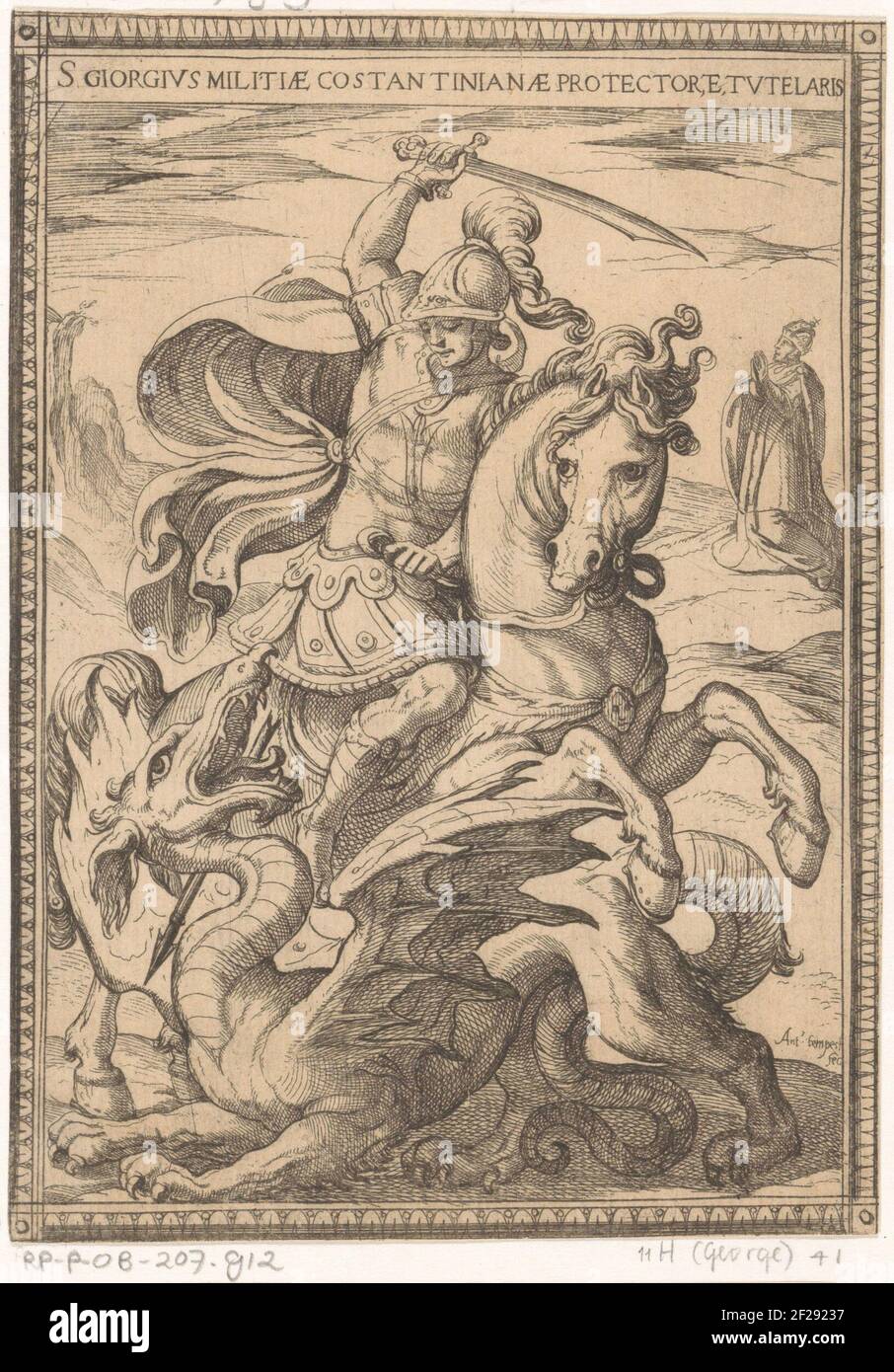 Saint George Killing The Dragon.The Saint Joris sits with raised sword ...