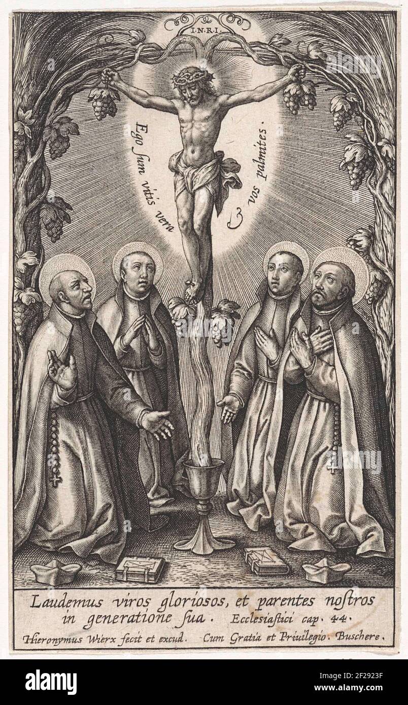 Christus aan het kruis, aanbeden door vier jezuïeten.Christ is crucified to a living vineyard ...
