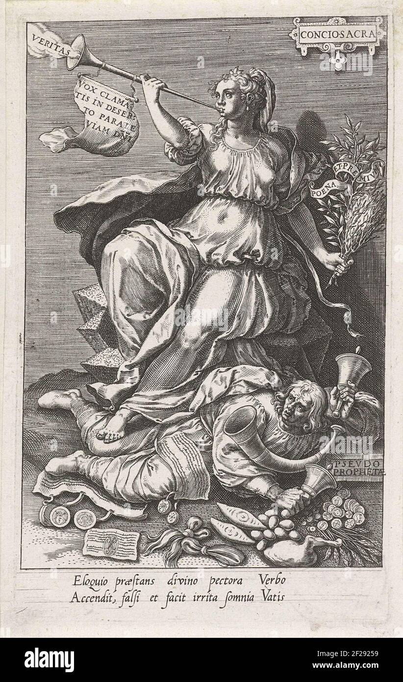 The Personification conscience (Conciosacra). She blows on the trumpet ...