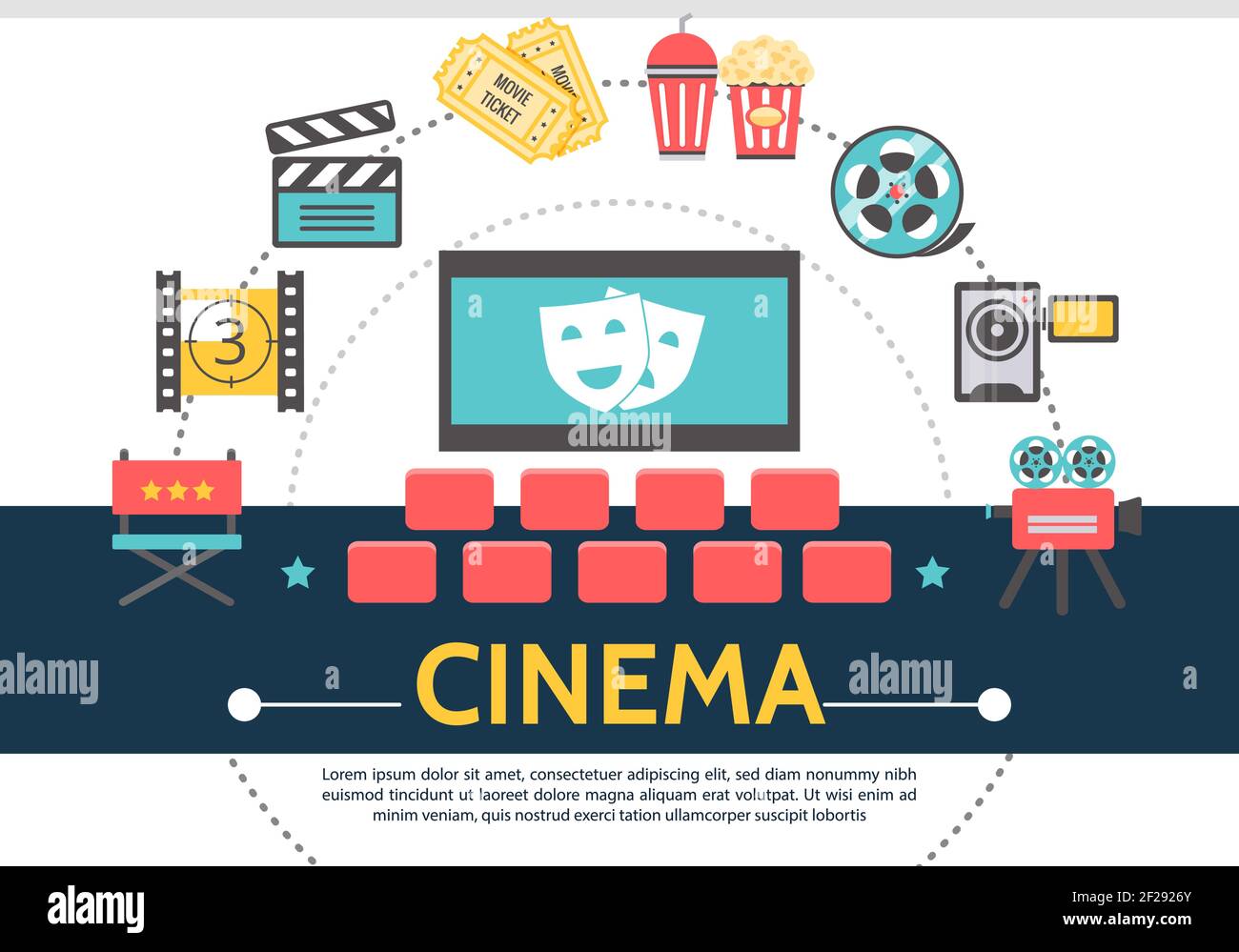 Flat movie template with cinema hall director chair film reel clapboard ...