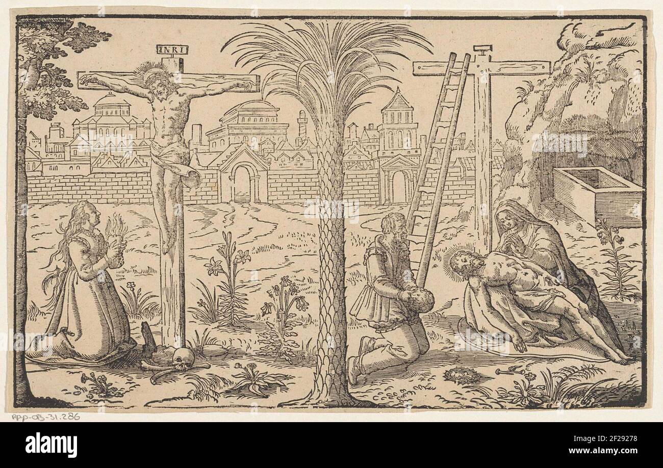 Christus aan het kruis en Piëta.On the left, Christ hangs on the cross with his feet a kneeling ...