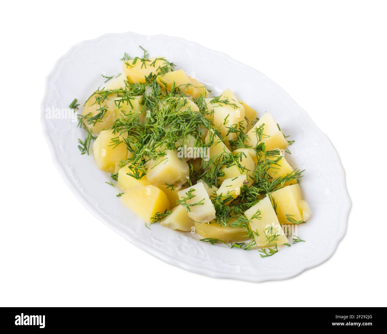 Delicious potatoes with minced dill. Isolated on a white background ...