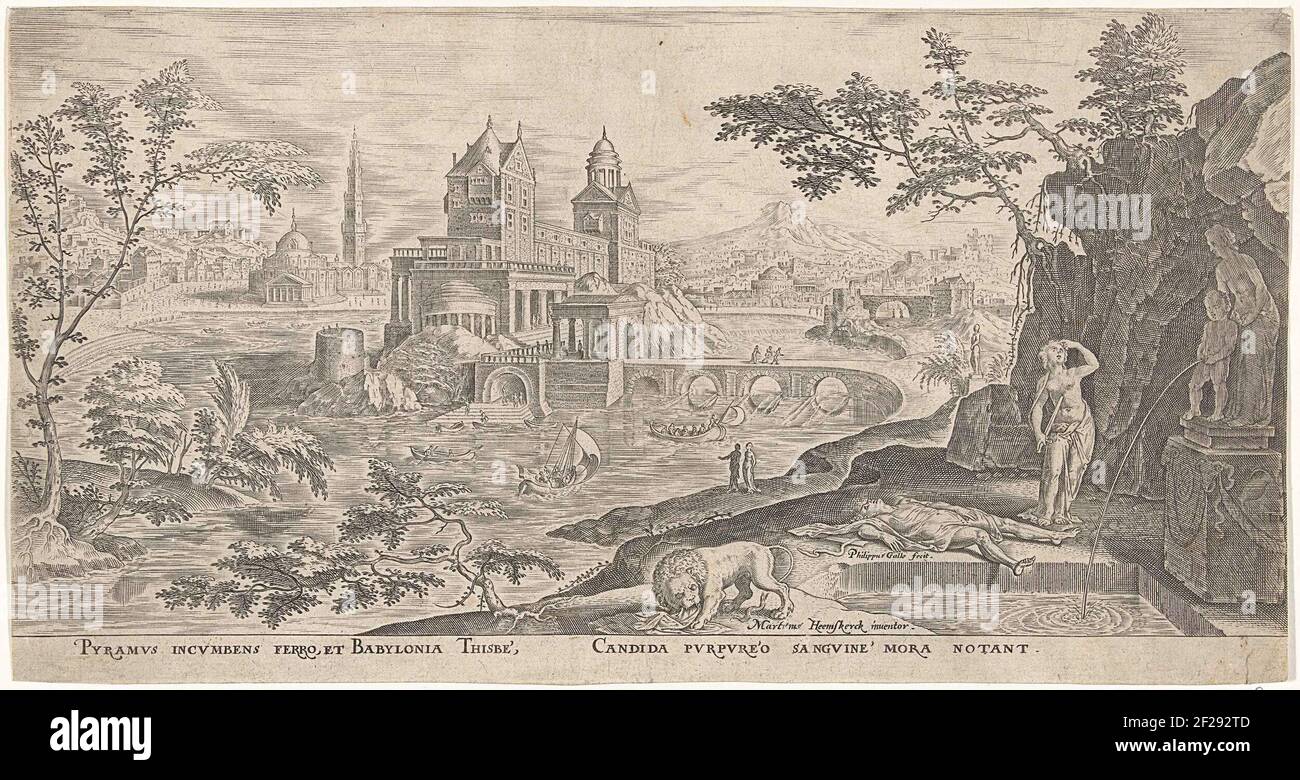 Landschap met de zelfmoord van Thisbe.In the background a fantasy ...