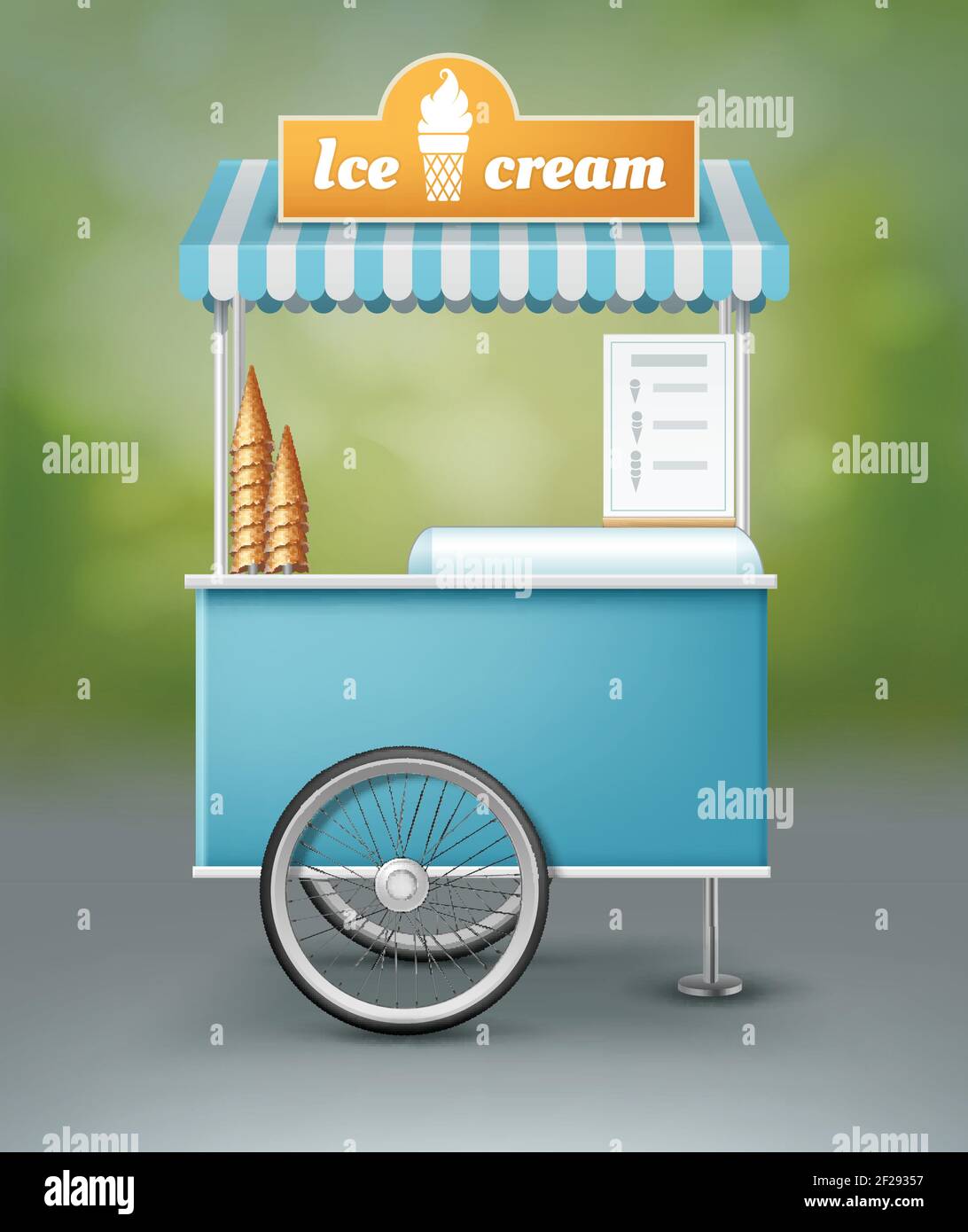 Vector illustration of blue cart for ice cream with signboard isolated ...