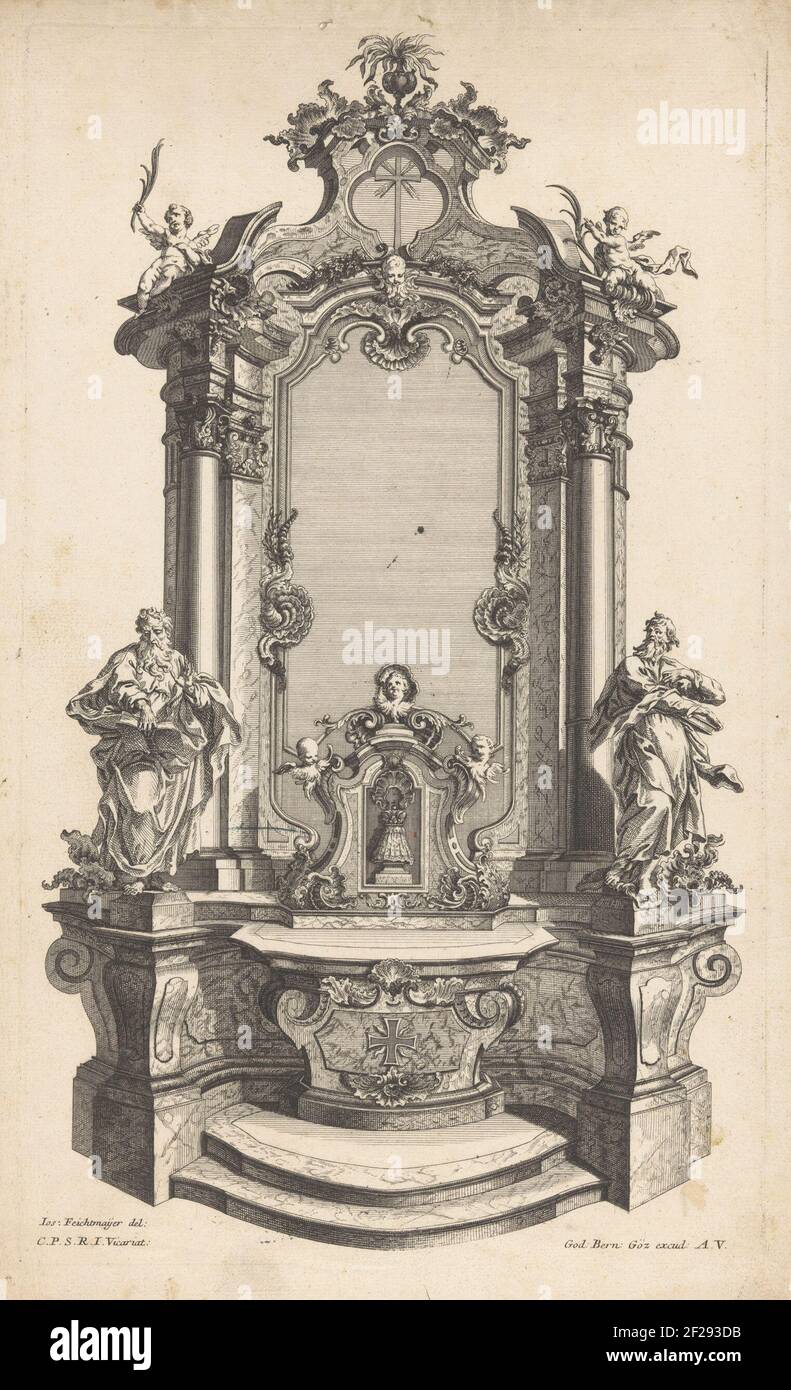 Altar with two male figures; Altäre.twee male figures with a book in ...