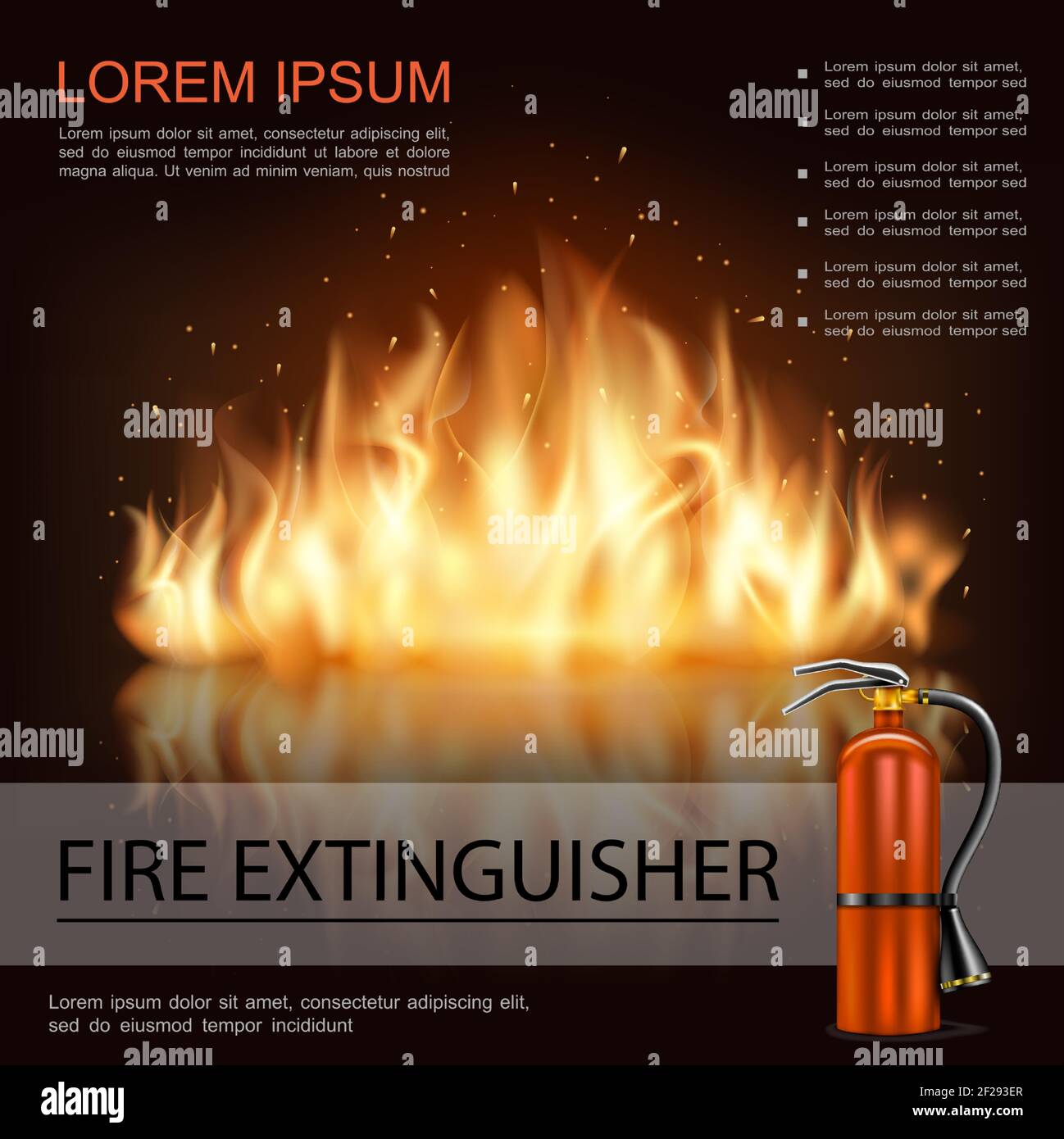 Bright fire shiny template with burning flames and fire extinguisher in ...