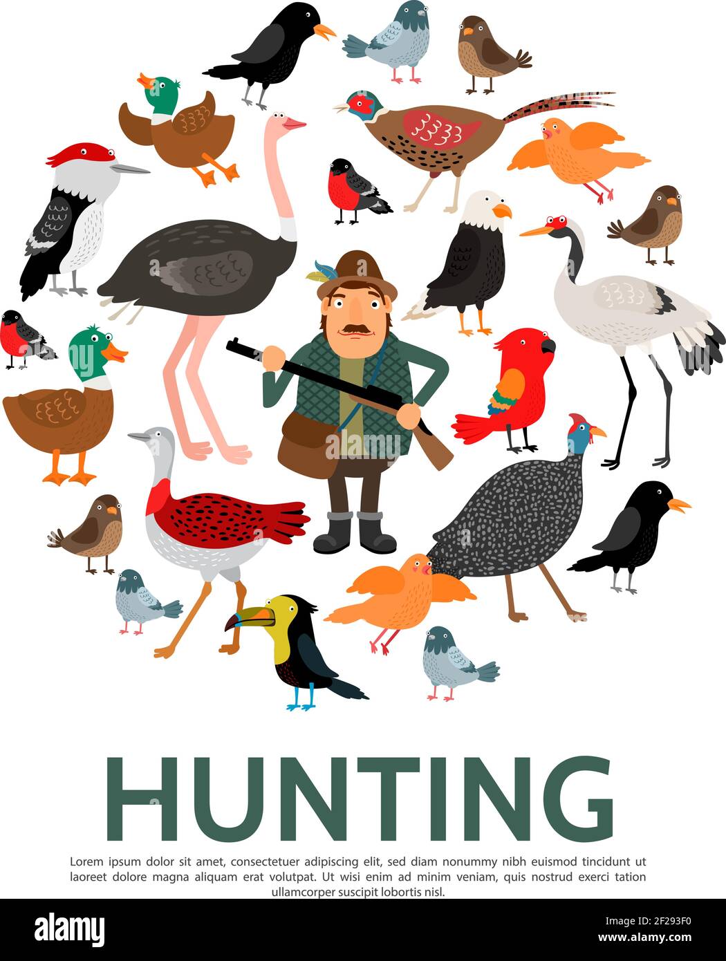 Flat hunting colorful round composition with hunter holding weapon and ...